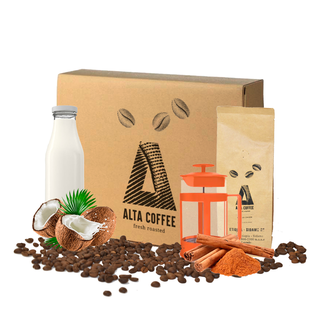 Promoción Box Coco: Café + prensa + Leche de Coco y Canela – AltaCoffee
